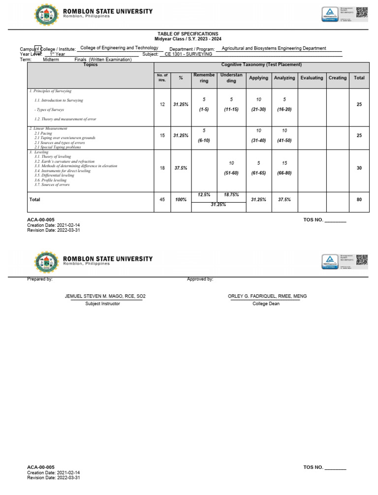 TOS CE 1301 Midterm Exam Midyear 2024 | PDF | Surveying | Science
