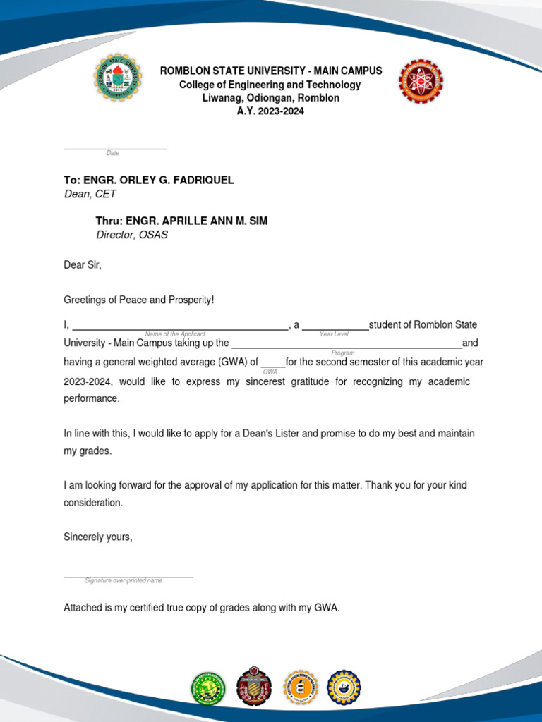 Dean's Lister Application Letter | PDF