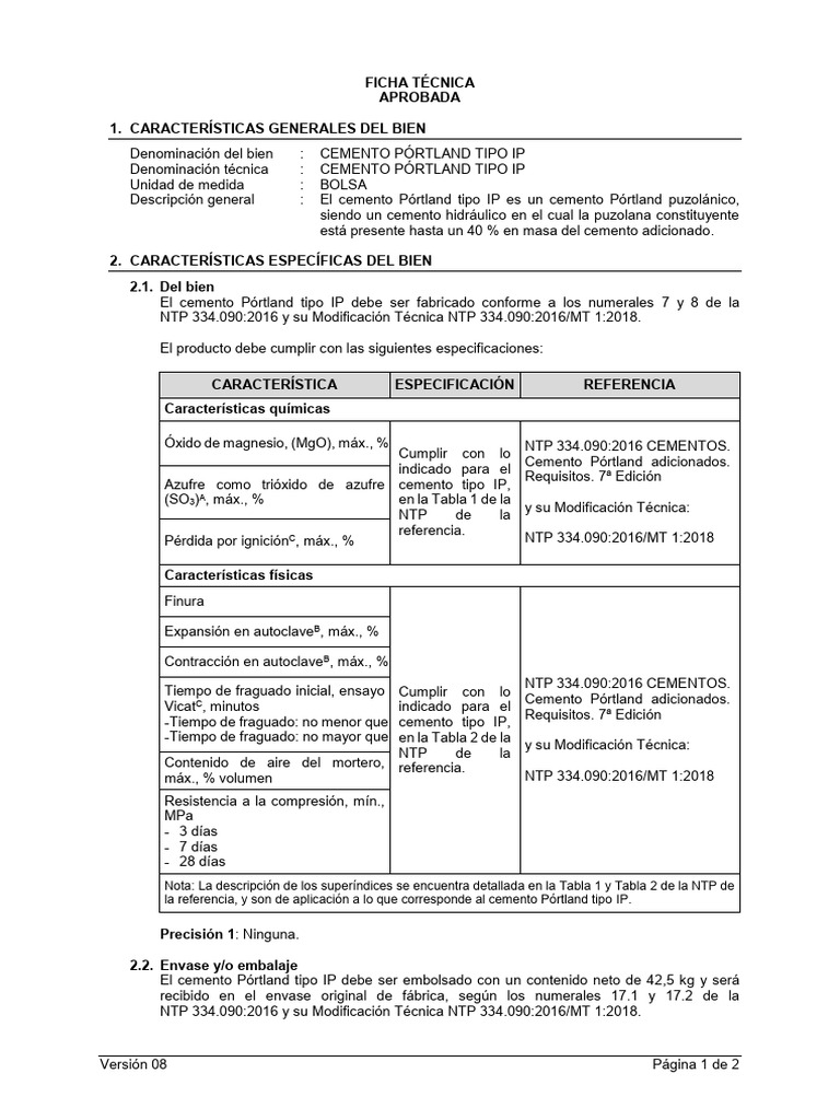 Ficha Tecnica - Cemento Tipo Ip | PDF | Cemento | Ingeniería estructural