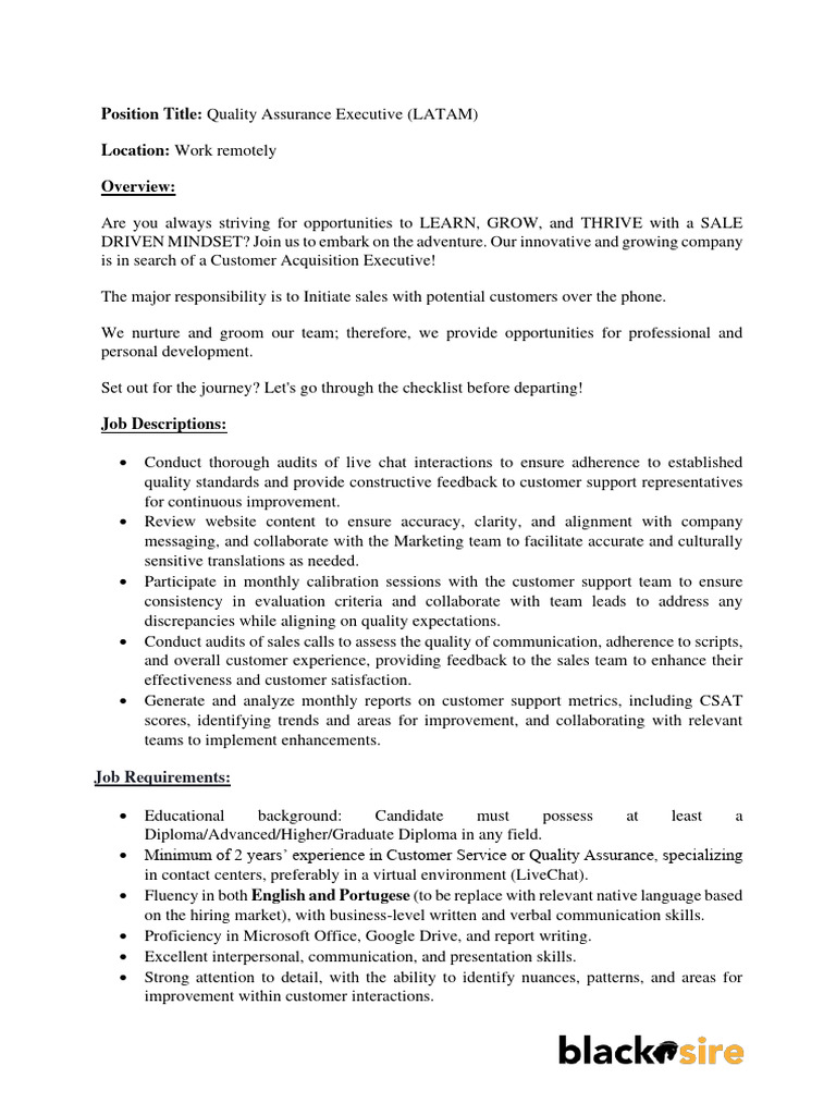 JD - Quality Assurance Executive (LATAM) | PDF | Skill | Customer Satisfaction