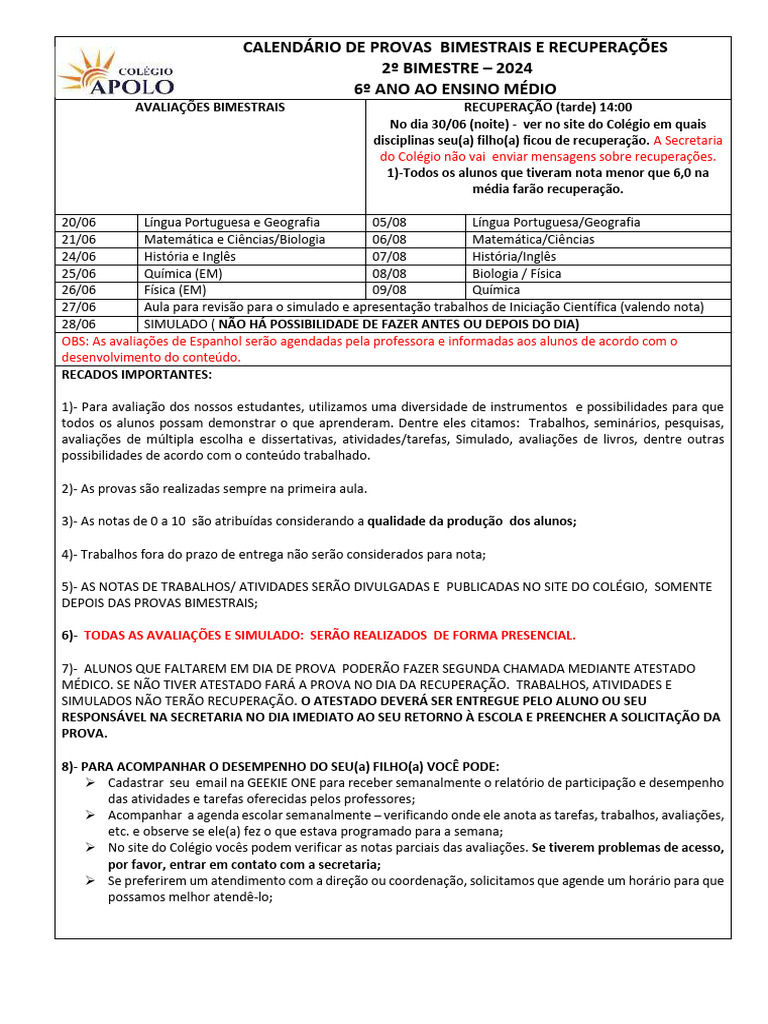 Calendário de Provas 2º Bimestre 2024 | PDF | Science | Geografia