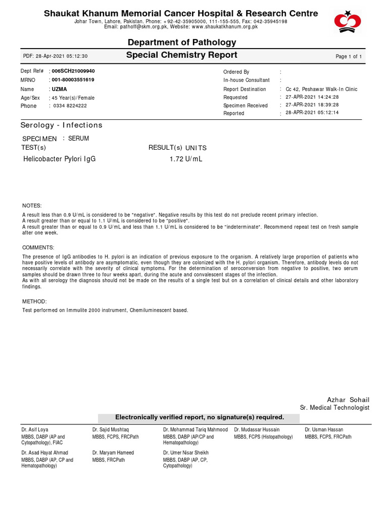 H. Pylori IgG Serology Test Report | PDF | Serology | Causes Of Death