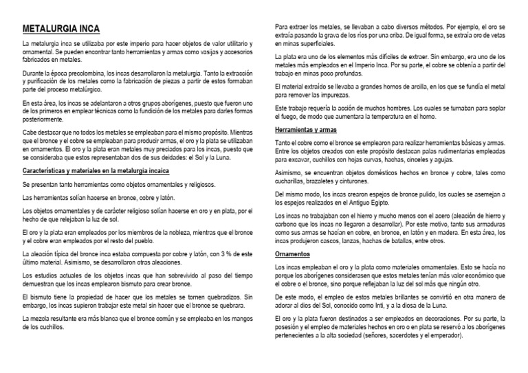 Metalurgia Inca | PDF | Metalurgia | Bronce