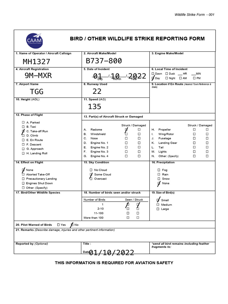 Wildlife Strike Form 001 Bird Other Wildlife Strike Reporting Form ...