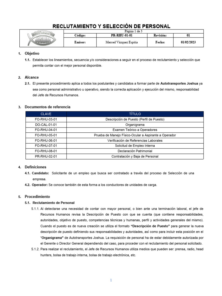 PR-RHU-01-01 - Reclutamiento y Selección de Personal (1) | Descargar gratis PDF | Gestión de ...