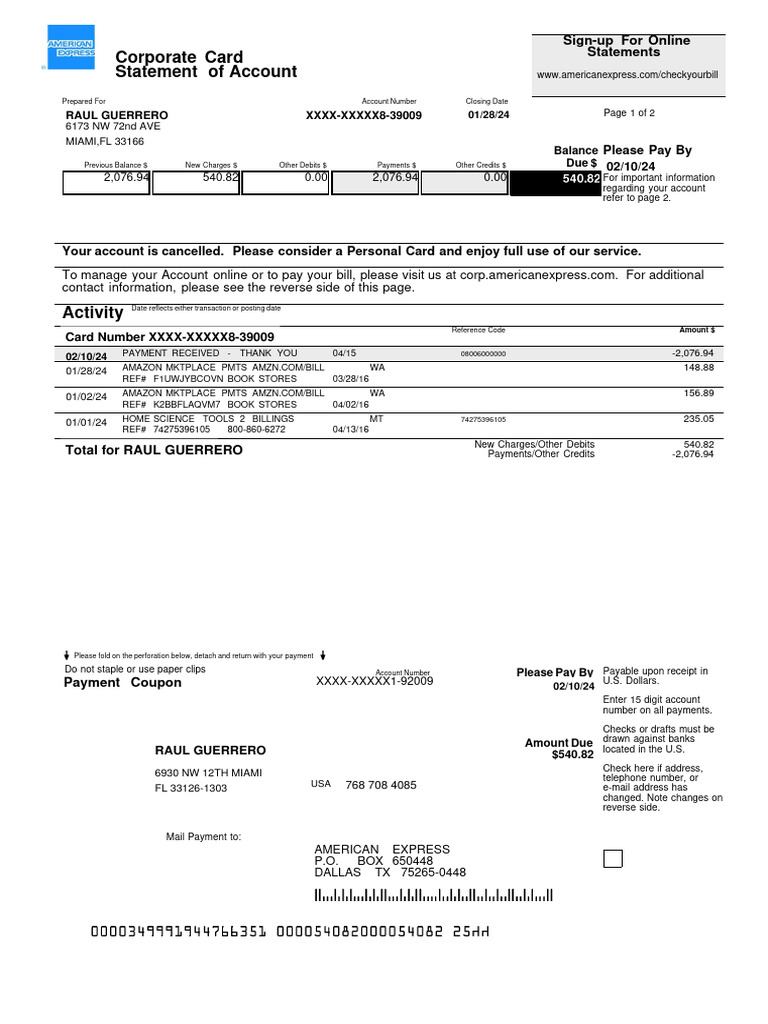 Corporate Card Statement | PDF | Debits And Credits | Payments