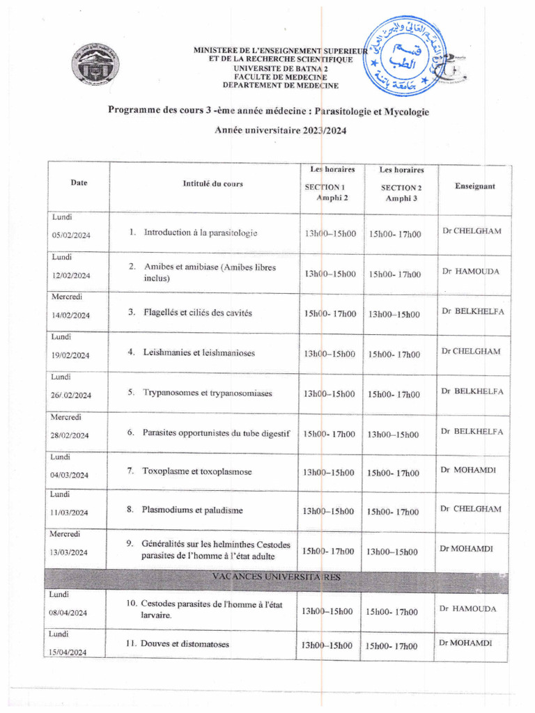 Programme Des Cours de Parasitologie Et Mycologie 2023.2024 | PDF