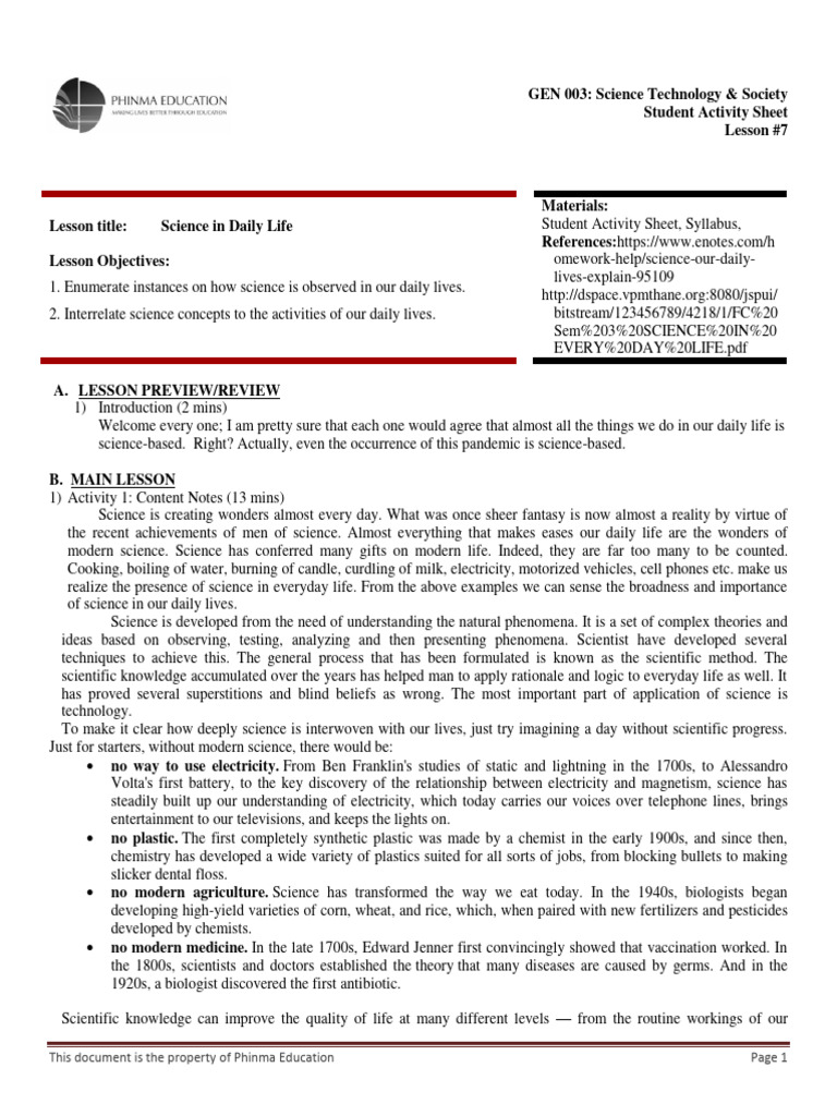 Gen 003 Lesson 7 Sts Sas | PDF | Science | Experiment