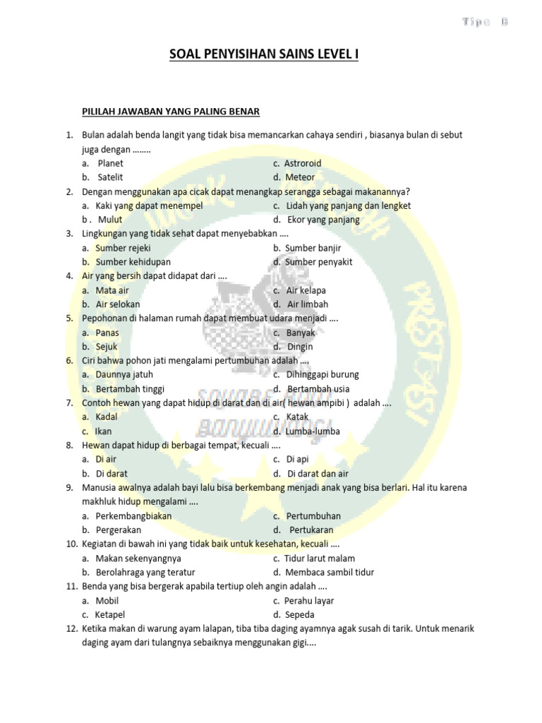 Soal Penyisihan Sain Level 1 Tipe B | PDF | Griya & Taman | Dewasa Muda