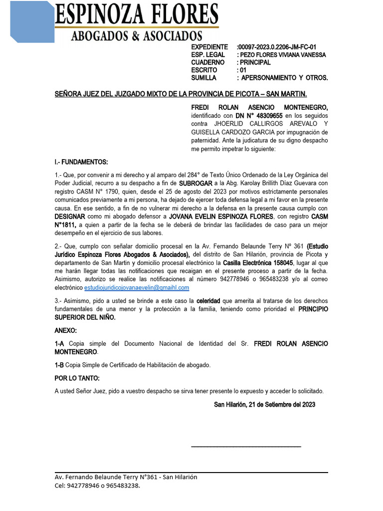 Apersonamiento Fredi Rolan Asencio Montenegro | PDF | Documento de identidad | Separación de poderes