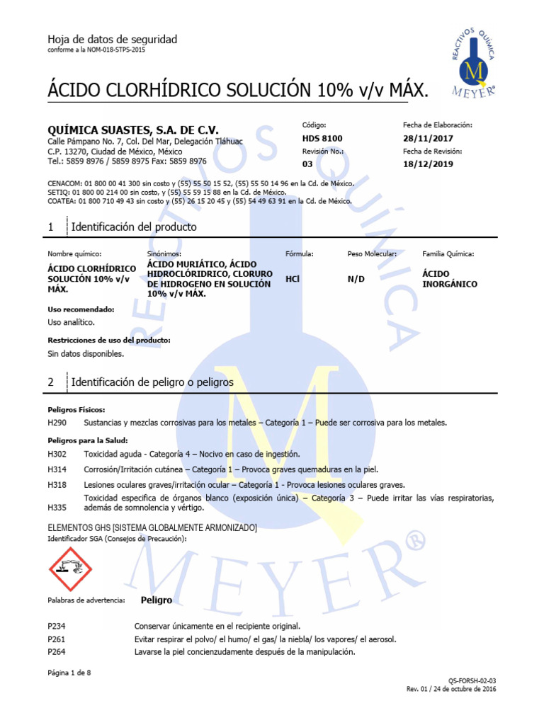 Hoja de Datos de Seguridad - Acido Clorhidrico Solucion 10% Geologia ...