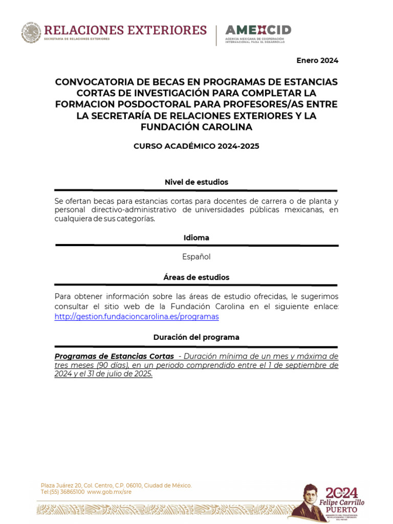 Fundaci N Carolina Estancias Cortas - 2024-2025 | PDF | México | Titulo academico