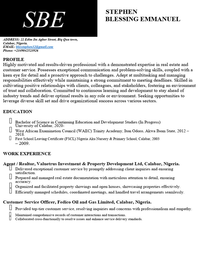 Stephen Blessing Emmanuel CV1 | PDF | Creativity | Cognition