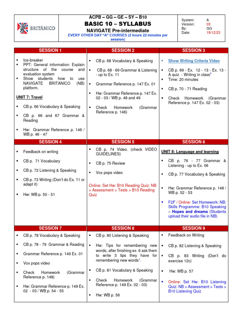 Basic 10 - Syllabus: NAVIGATE Pre-Intermediate | PDF | Linguistics | Applied Linguistics