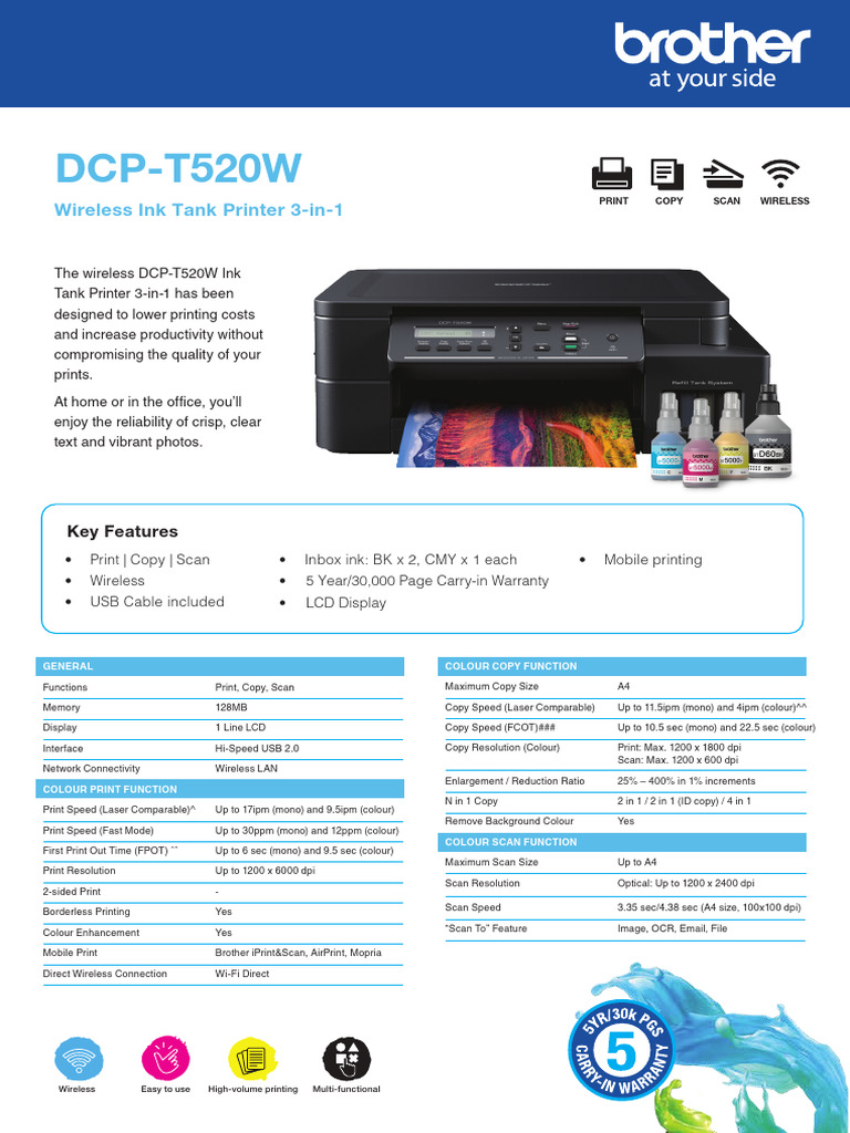 Wireless Ink Tank Printer DCP-T520W | PDF | Printer (Computing) | Image Scanner