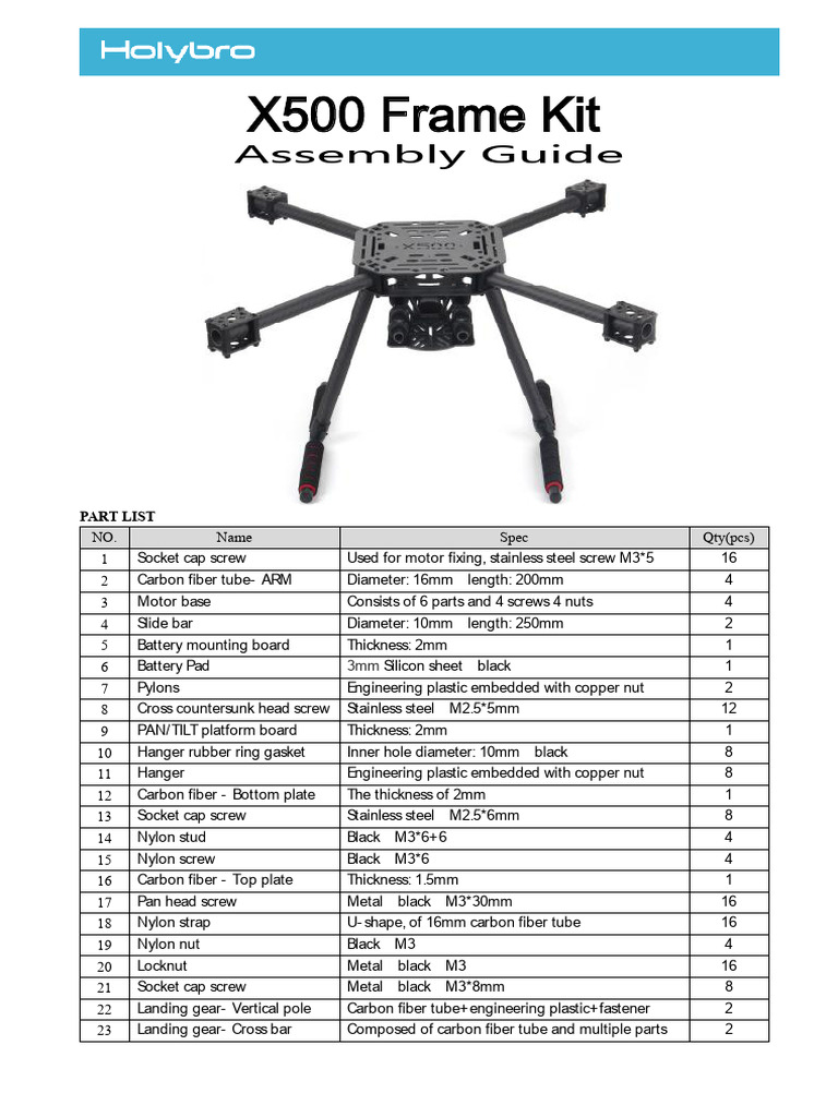 Holybro X500 FrameKit AssemblyGuide | PDF | Building Materials | Materials