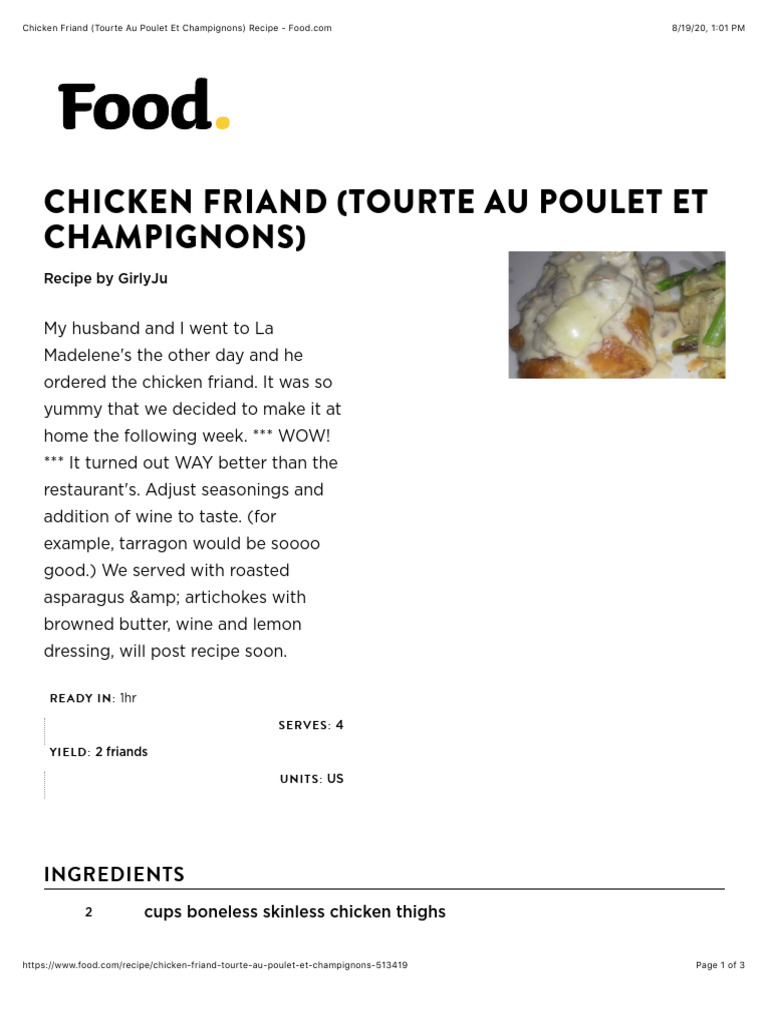 Chicken Friand (Tourte Au Poulet Et Champignons) Recipe | PDF ...