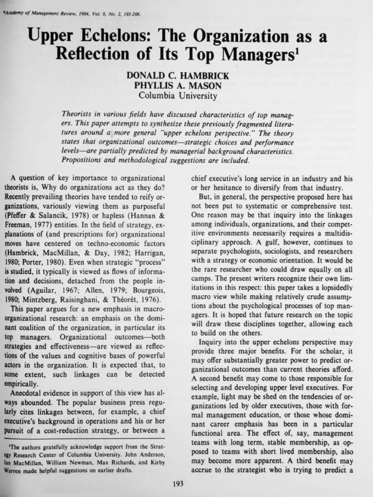 Upper Echelons Theory Overview | PDF | Psychology | Decision Making