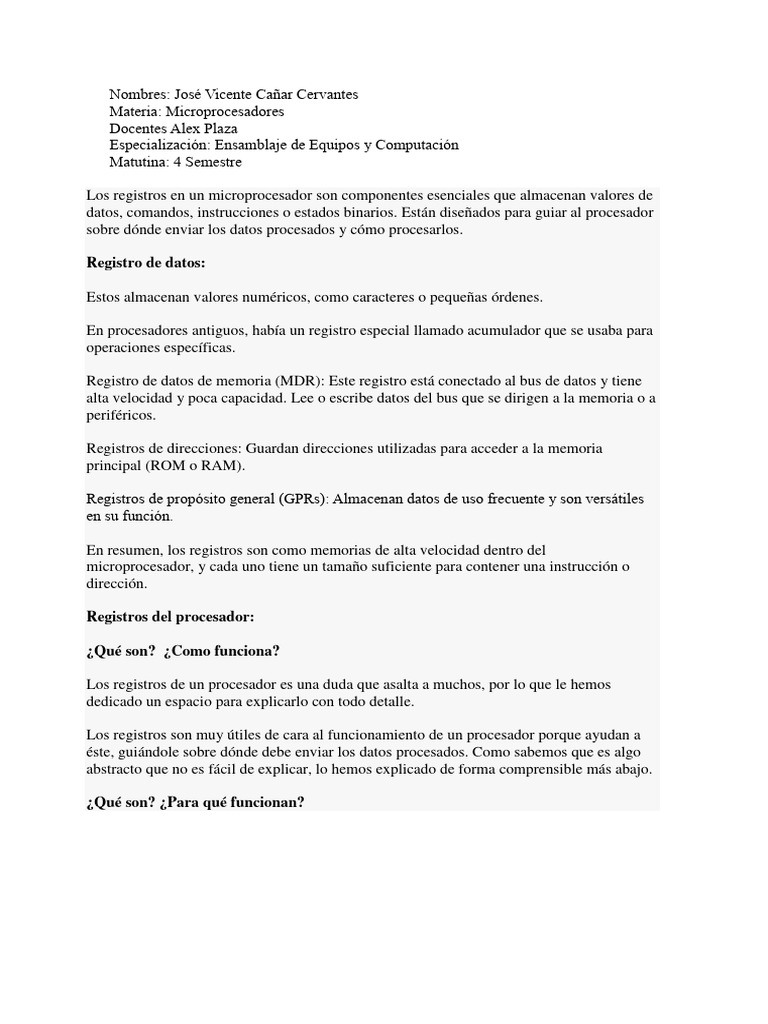 Registros Direccionamiento | PDF | Unidad Central de procesamiento ...
