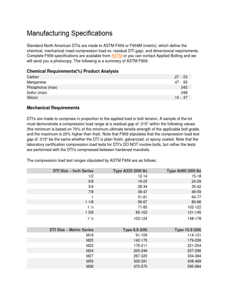 Manufacturing Specifications | PDF | Screw | Materials