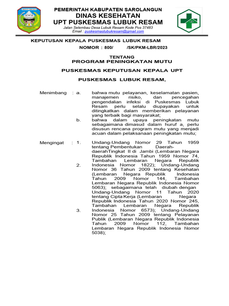 5.1.1 EP A. 1 SK PENETAPAN PROGRAM MUTU 2023 PUSKESMAS GOARIE FIXX SK | PDF