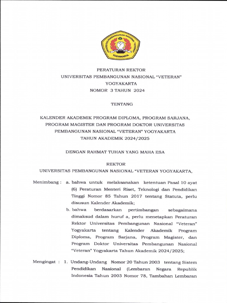 Peraturan Rektor UPN Veteran Yogyakarta Nomor 3 Tahun 2024 TTG Kalender Akademik Program Diploma ...
