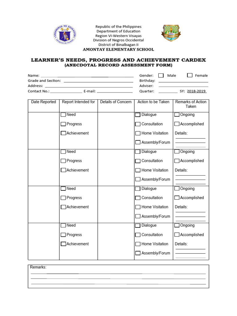 Learner Progress Assessment Cardex Form | PDF
