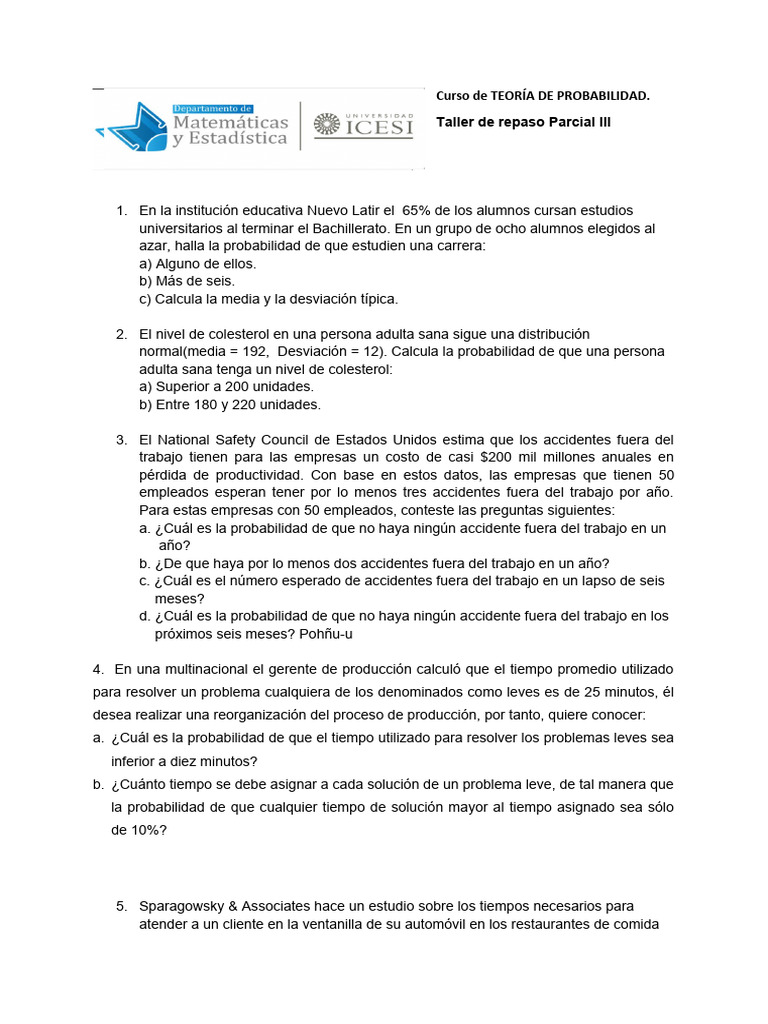 TEORÍA de PROB Taller de Repaso Parcial LLL | PDF | Probabilidad | Desviación Estándar