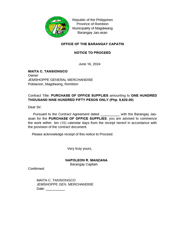 NOTICE TO PROCEED | PDF