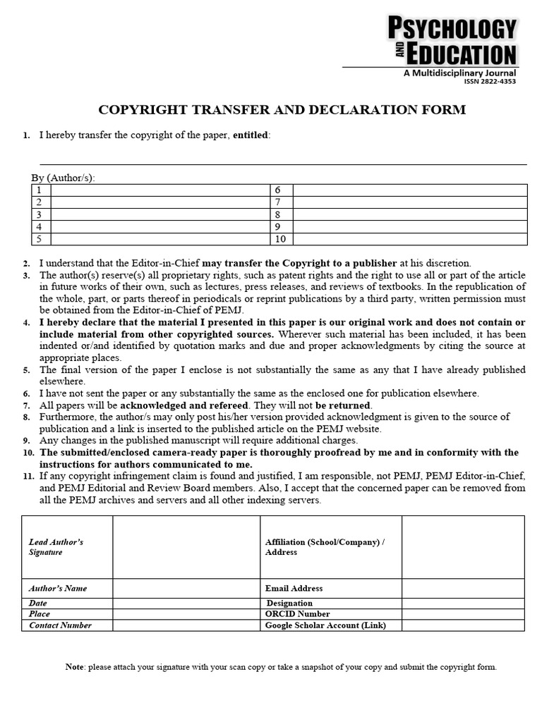 PEMJ Copyright Form and List of Authors Revised 2024 | PDF | Copyright ...