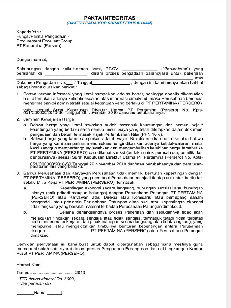 Format Surat Pernyataan Pakta Integritas Pertaminadoc | PDF | Bisnis