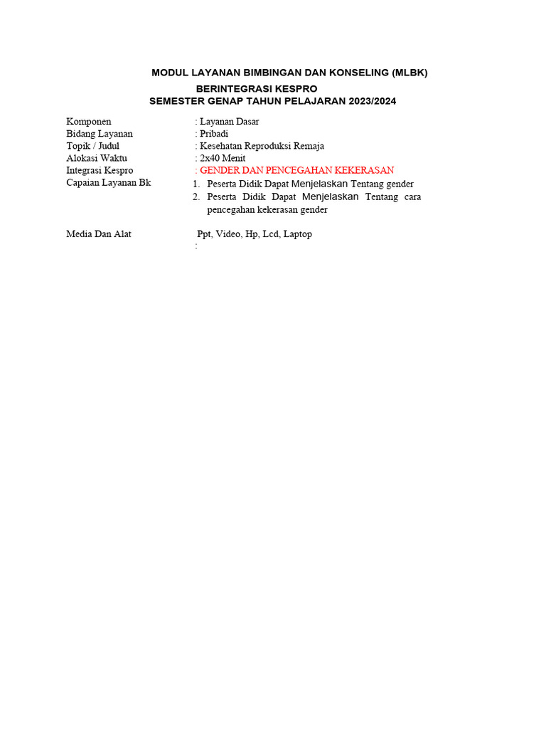 Modul Layanan Bimbingan Dan Konseling. Kekerasan Gender | PDF | Karier & Perkembangan | Ilmu Sosial