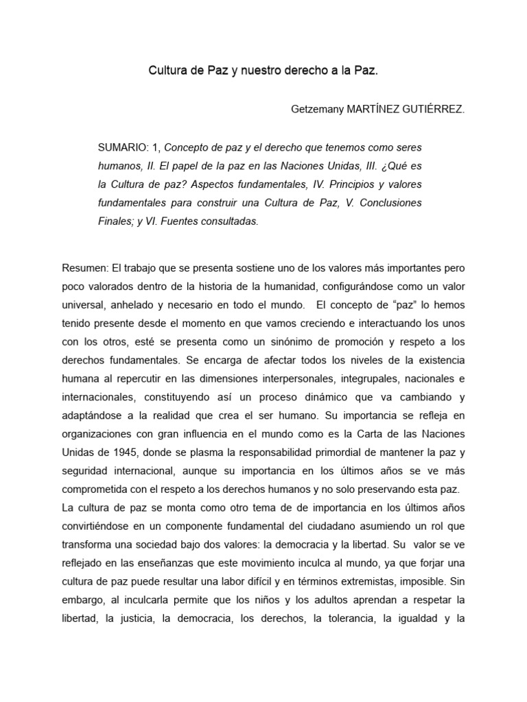 Cultura De La Paz Pdf Derechos Humanos Paz