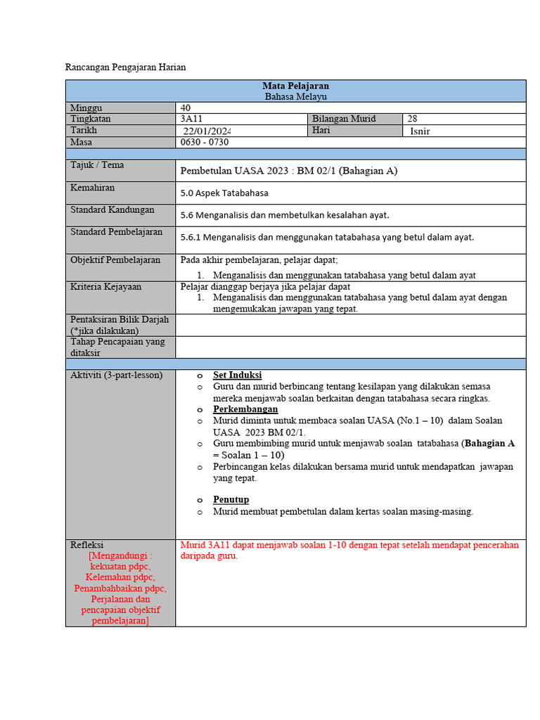 Rancangan Pengajaran Harian M40 | PDF