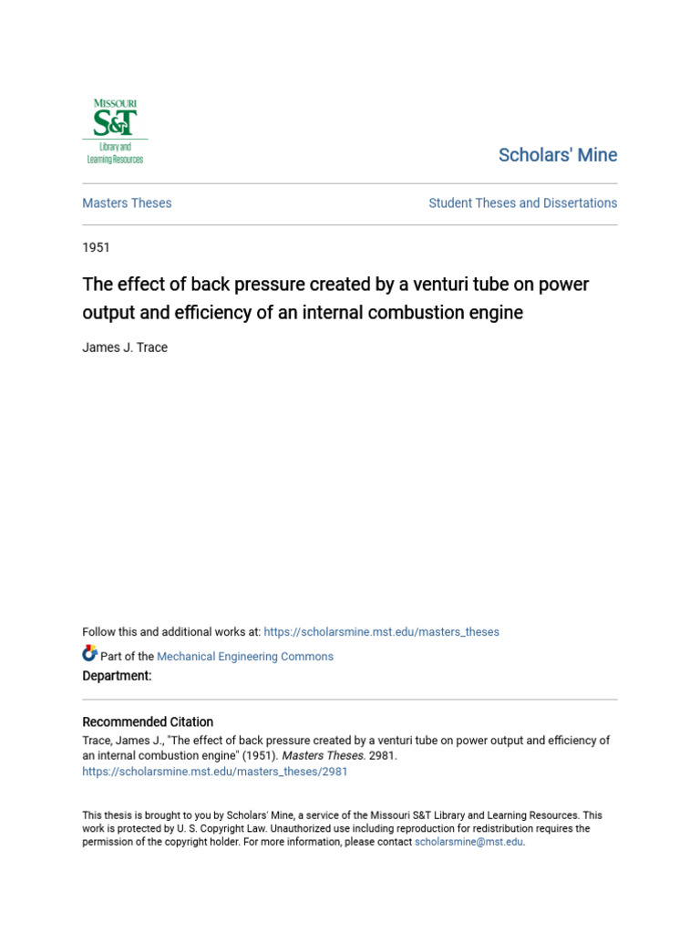 The Effecto of Back Pressure Created by A Venturi Tube On A Power Output and Efficiency of An ...
