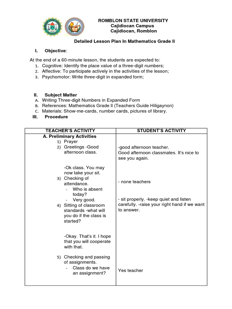 Detailed Lesson Plan in Mathematics Grade Lli | PDF | Teachers | Lesson ...