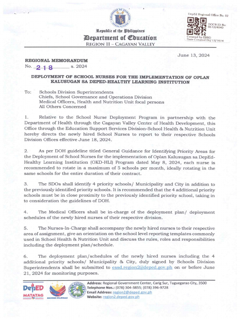 Regional Memorandum No. 218 s. 2024- Deployment of School Nurses for ...