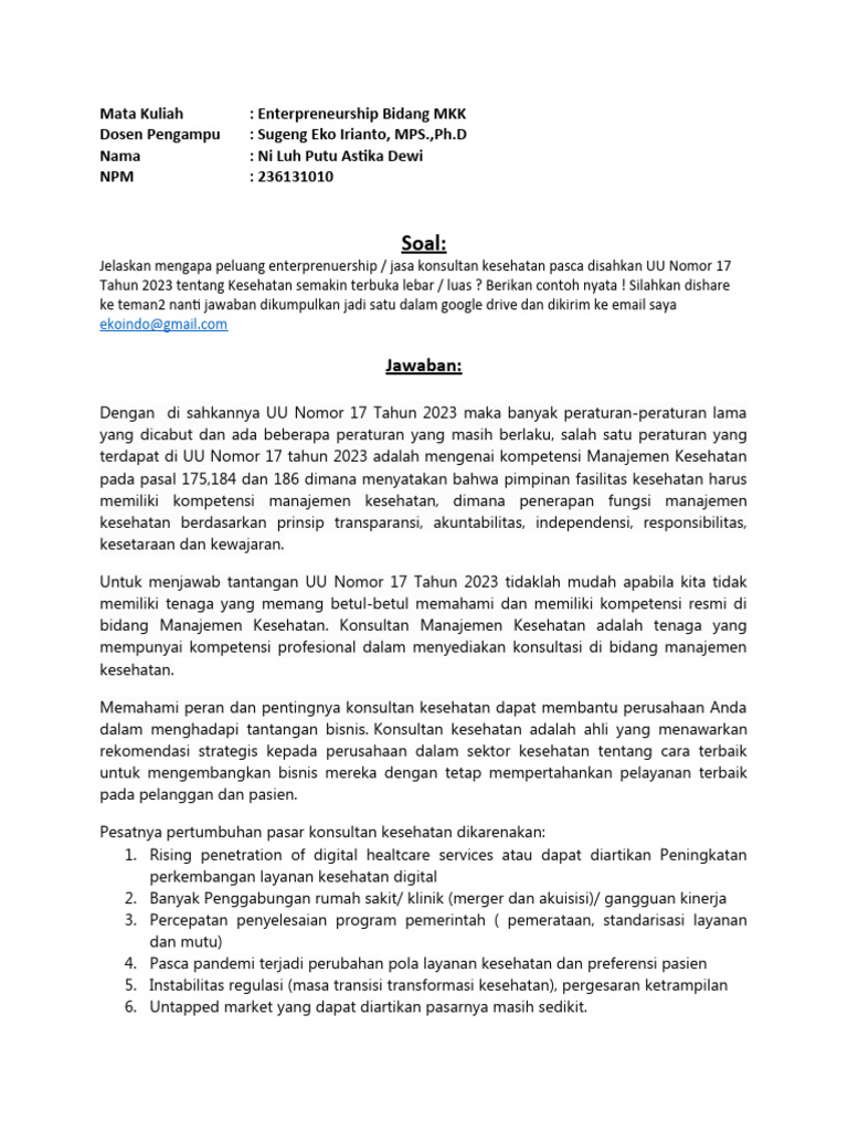 Ni Luh Putu Astika Dewi (236131010) - UTS Enterpreneurship Sugeng Eko Irianto MPS - PH.D | PDF
