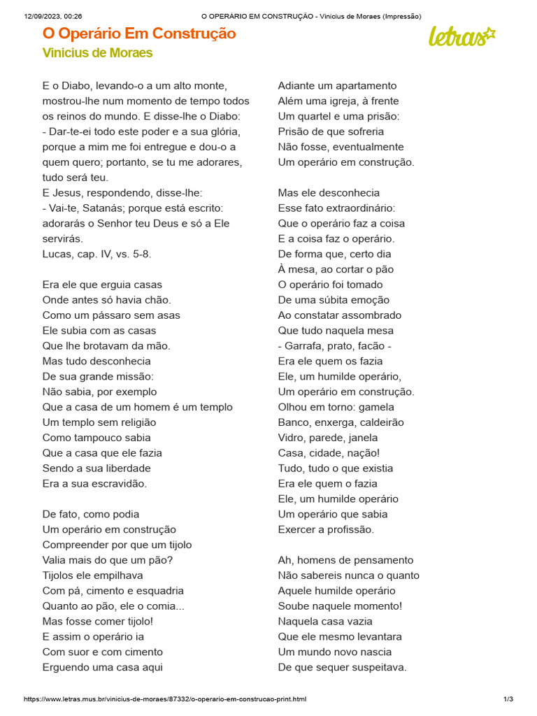 O OPERÁRIO EM CONSTRUÇÃO - Vinicius de Moraes (Impressão) | PDF | Diabo