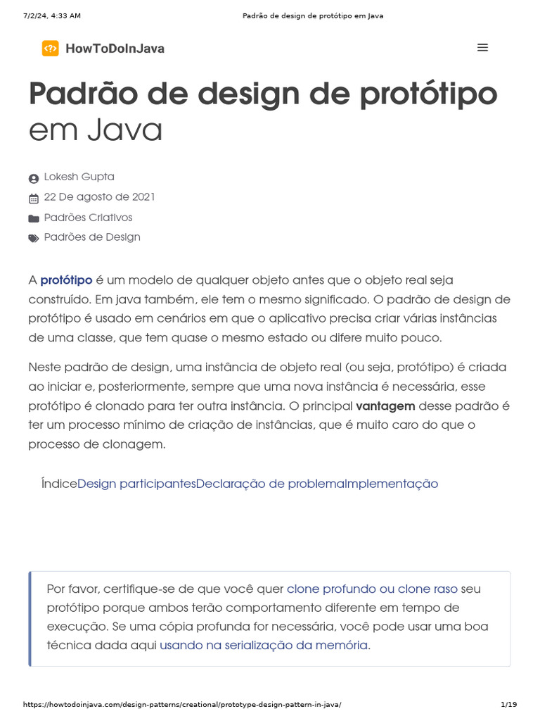 Padrão de Design de Protótipo em Java | PDF | Java (linguagem de ...
