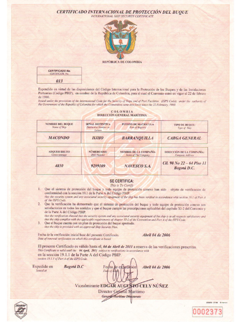 DOCUMENTO - CERTIFICADO INTERNACIONAL DE PROTECCIÓN DEL BUQUE | PDF