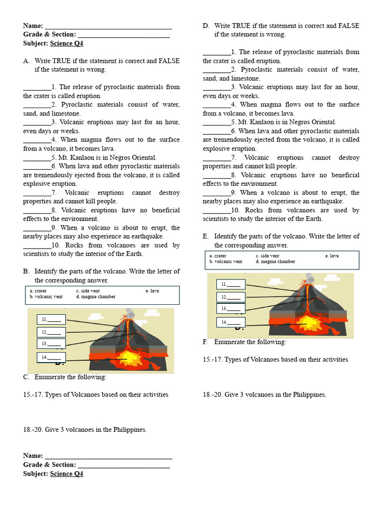 SCIENCE 6 - QUARTER 4 - CHANGES OF THE EARTH - VOLCANO (Quiz) | PDF ...