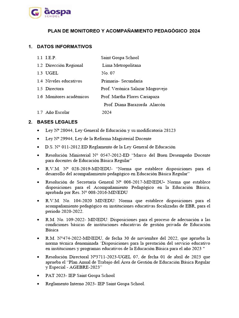 Plan de Monitoreo y Acompañamiento Pedagógico - ST - Gospa - 2024 | PDF ...