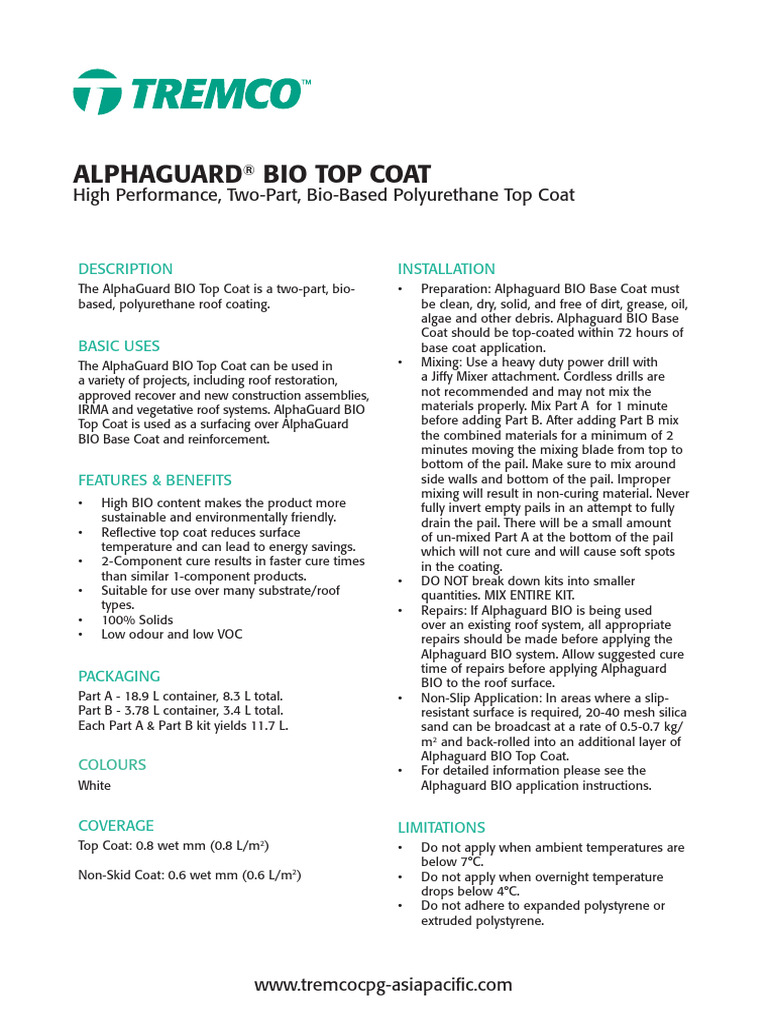 TDS Tremco CPG APAC AlphaGuard BIO Top Coat | PDF | Concrete | Roof