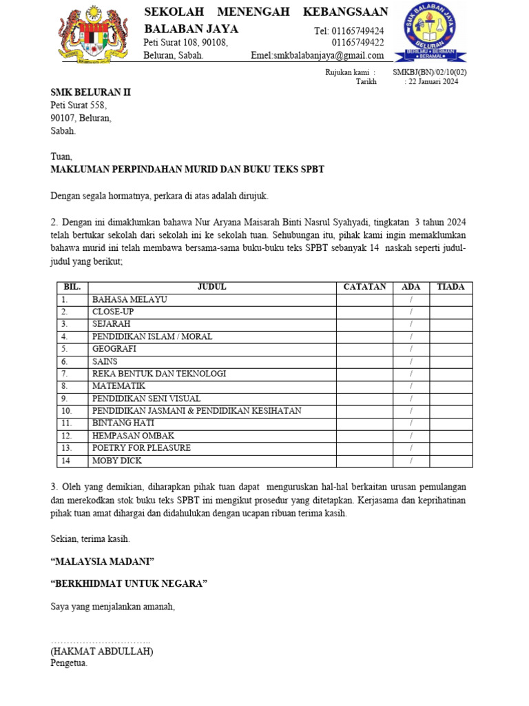 Contoh Surat Makluman SPBT | PDF