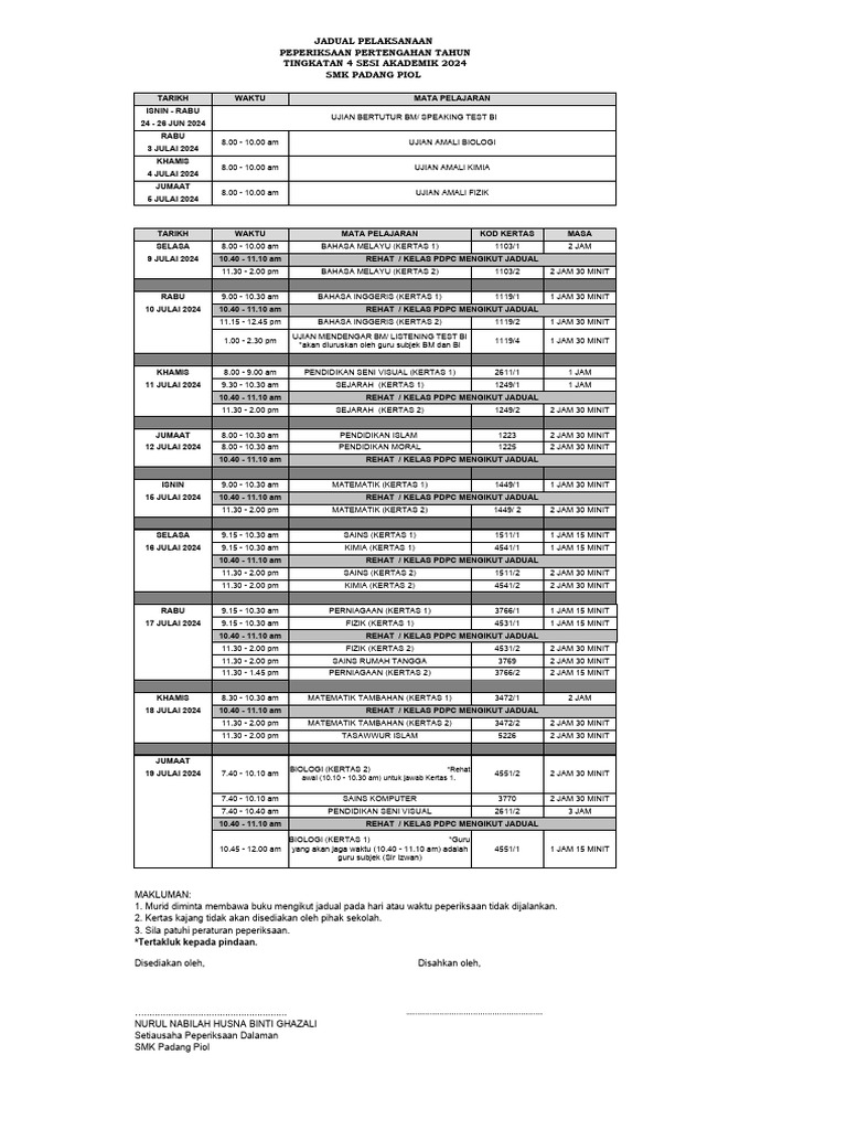 JADUAL PPT T4 T123 | PDF