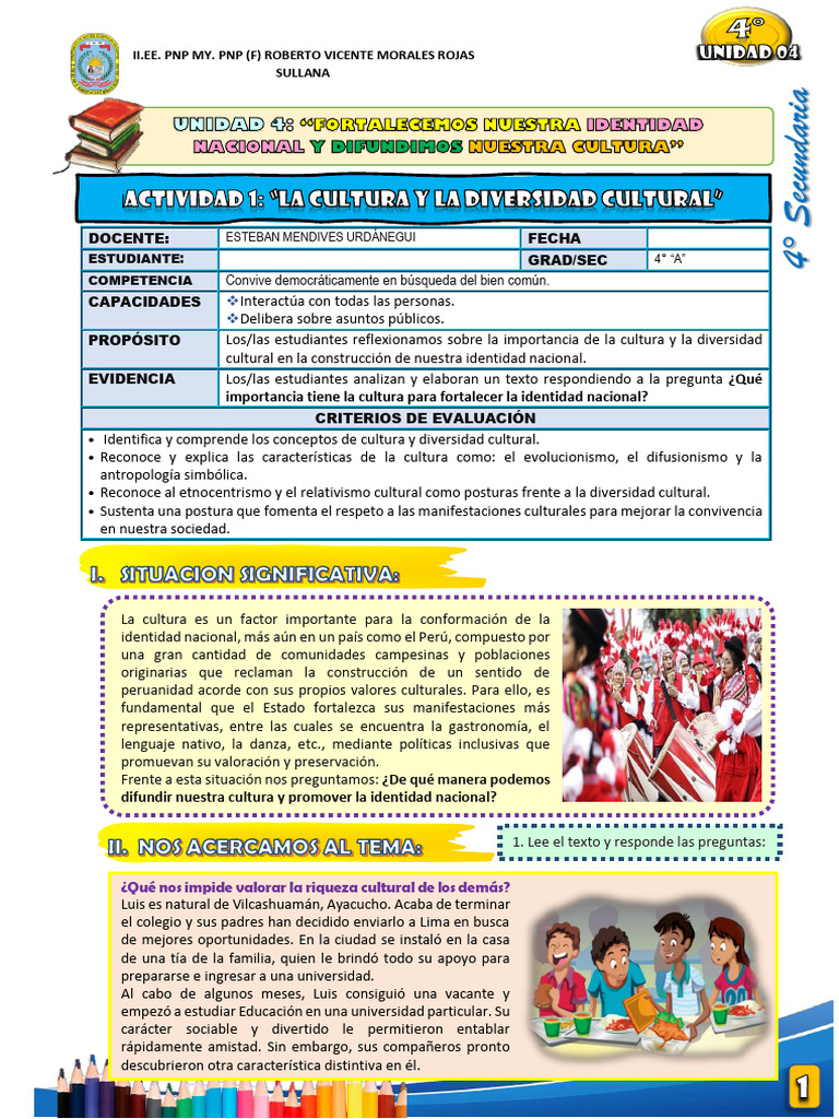 4° DPCC - Actv.01-Unid.4 2024 - Estudiante | PDF | Antropología | Sociedad