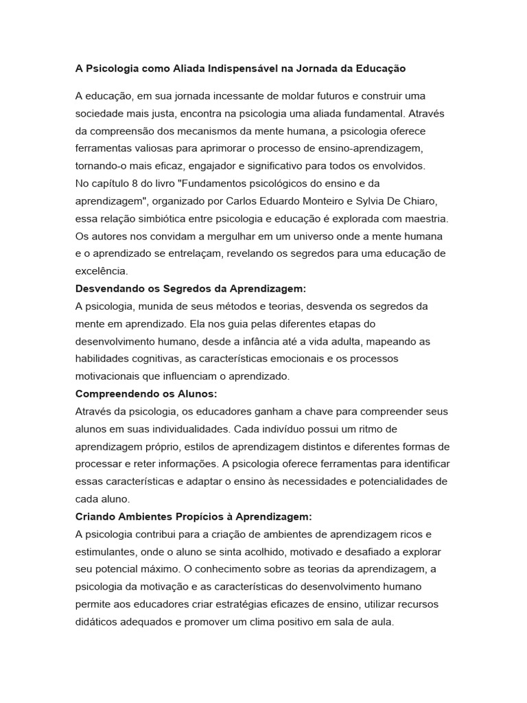 A Psicologia Como Aliada Indispensável Na Jornada Da Educação | PDF ... A Psicologia Como Aliada Indispensável Na Jornada Da Educação | PDF ...