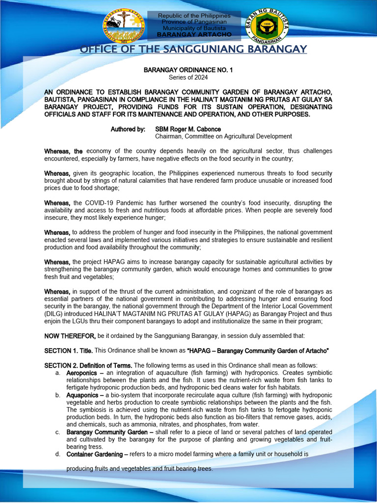 Barangay Ordinance No. 2, 2023 Establishment and Maintenance of ...