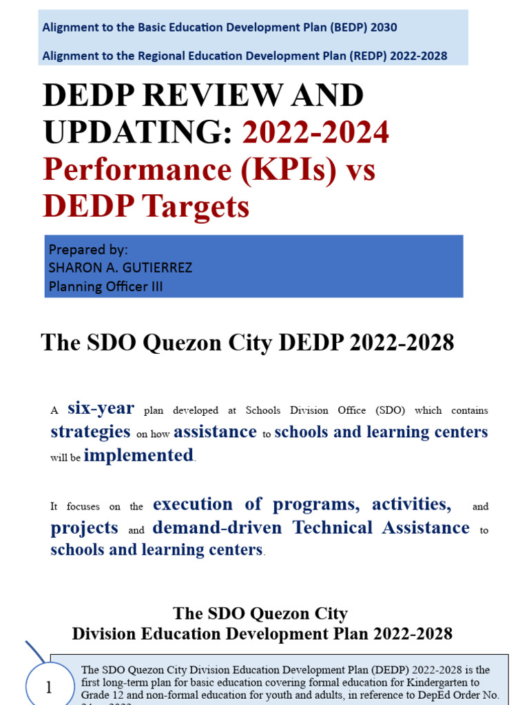 KPIs Targets Schools Division Office of Quezon City Strategic Planning - 1128 No Video | PDF ...